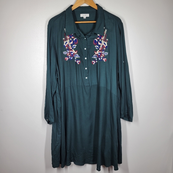 THML | Dresses | Thml Dark Green Floral Embroidered Shirt Dress 2x Roll ...